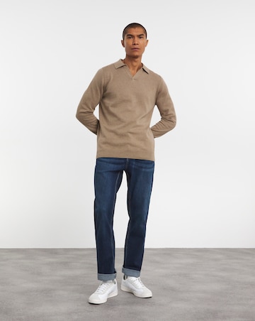 Neutral Marl Cotton Open Neck Knit Polo | Jacamo