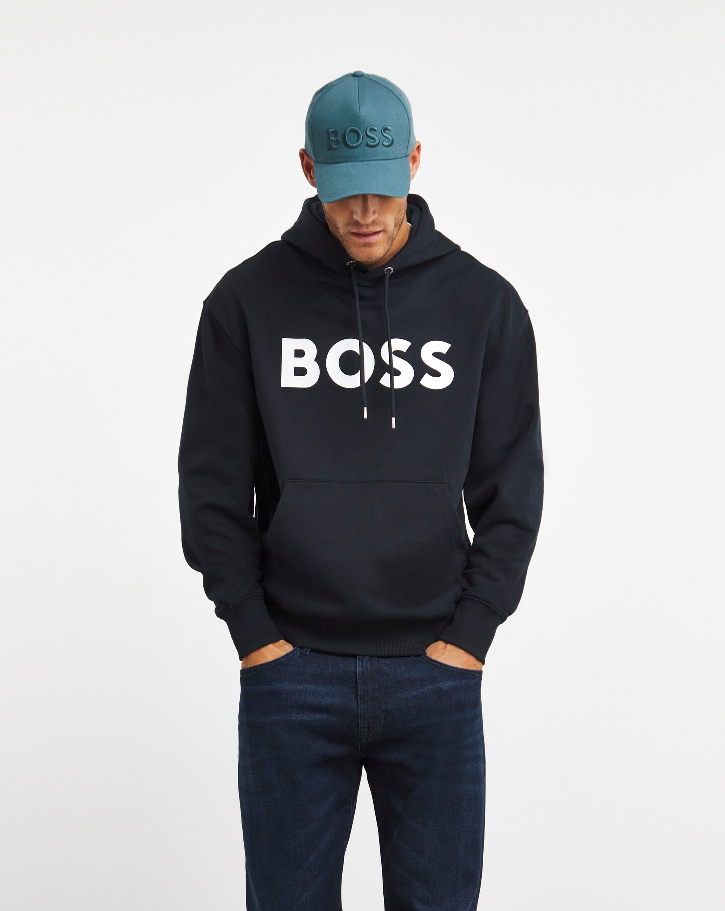 BOSS Navy Bold Logo Hoodie | Jacamo