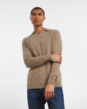 Neutral Marl Cotton Open Neck Knit Polo | Jacamo
