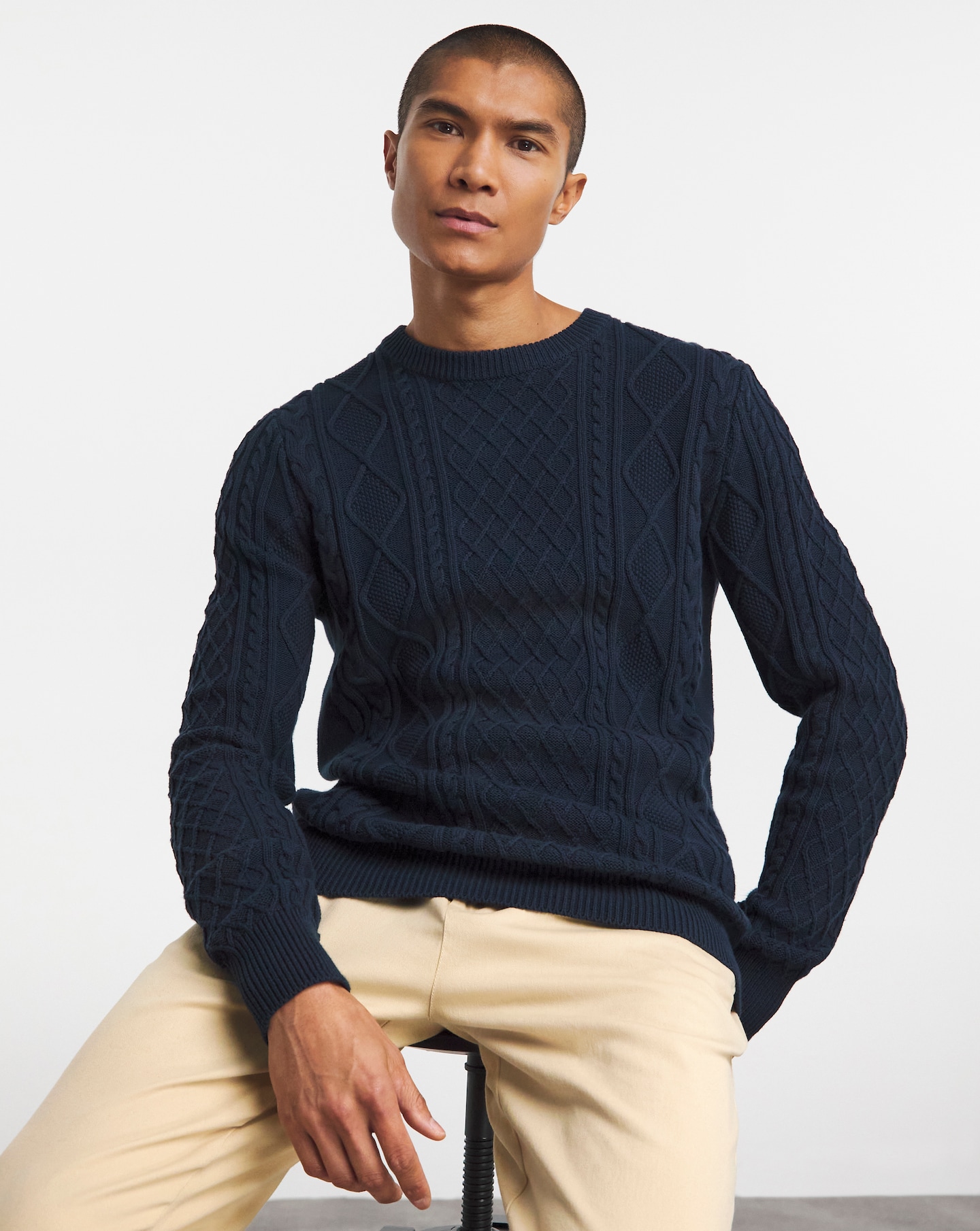 Dark Navy Cable Knit Crew Neck | Jacamo