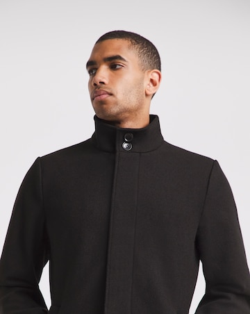 Black Faux Wool Funnel Neck Coat | Jacamo